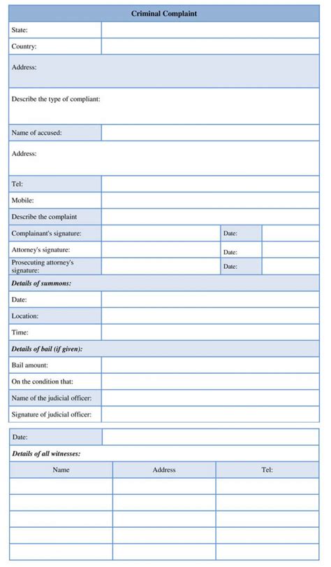 Sample Criminal Complaint Form Download Word Template
