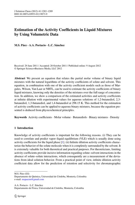 Pdf Estimation Of The Activity Coefficients In Liquid Mixtures By Using Volumetric Data