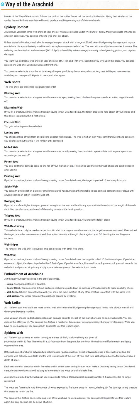 Way Of The Arachnid Monk Subclass Homebrew Aka The Spider Man R