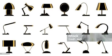 다양한 모양의 테이블 램프 휴대용 램프 집과 사무실 내부의 조명 램프 쉐이드 디자인 현대적인 세련된 인테리어 벡터 아이콘 집합