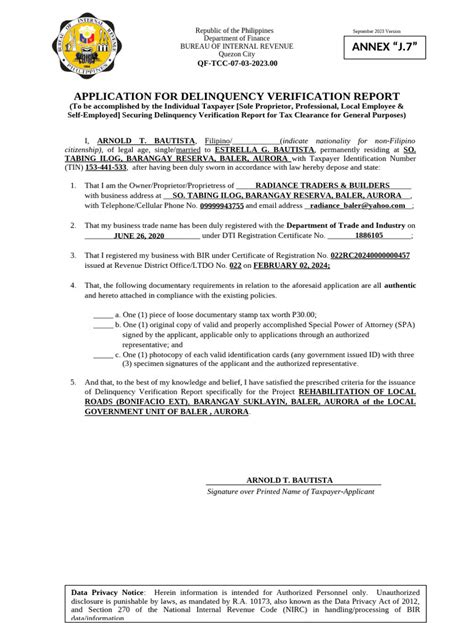 Application For Delinquency Verification Report Individual Taxpayers Pdf