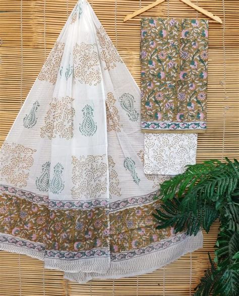 Lite Gray Hand Print Cotton Suit With Linen Dupatta Kirans Boutique