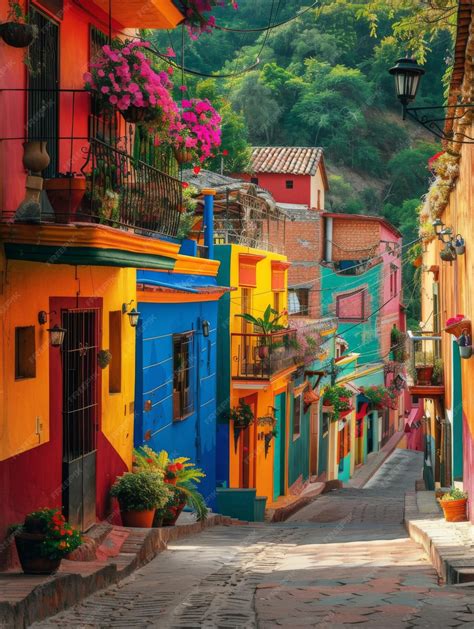 Colorful Street In A Mexican Village Or Small Town Vibrant Architecture