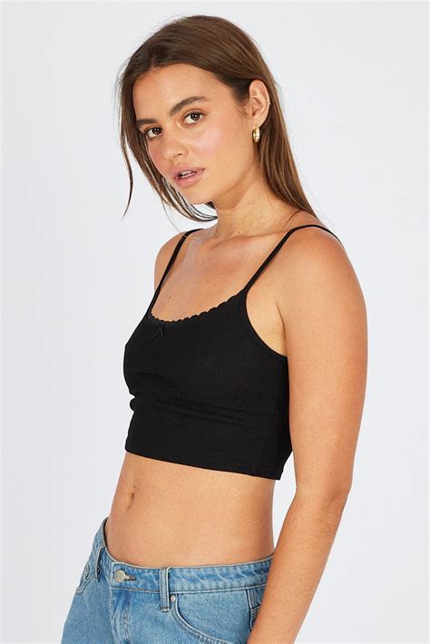 Black Singlet Top Lace Trim Cropped Ally Fashion