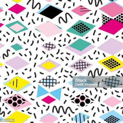 기하학적 요소 포스트 모던 레트로 스타일 8090 년대 패션 텍스처 비대칭 모양 마름모 삼각형 원활한 노란색 회색 파란색 분홍색 검은색 사이트 패브릭 패턴 벡터 0명에 대한