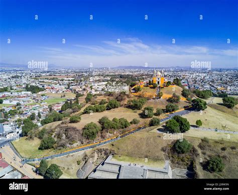Afternoon Aerial View Of The Famous Pyramid Of Cholula Mexico Stock