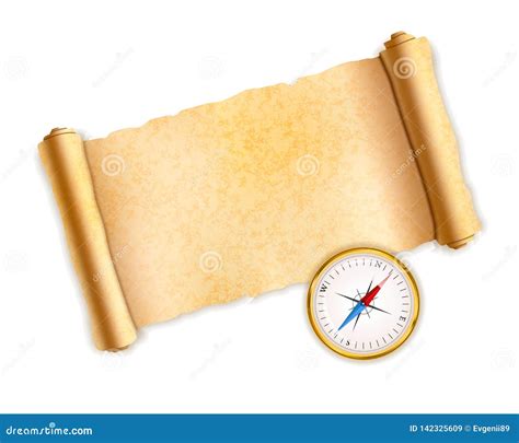 Old Textured Scroll With Vintage Glossy Golden Compass On White Royalty