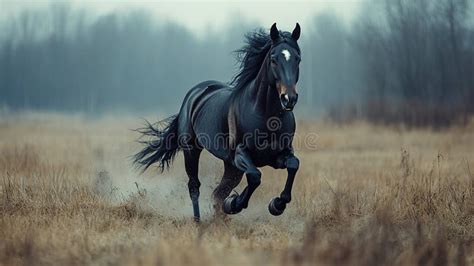 Black Stallion Galloping Field Autumn Mist Wildlife Photography Stock