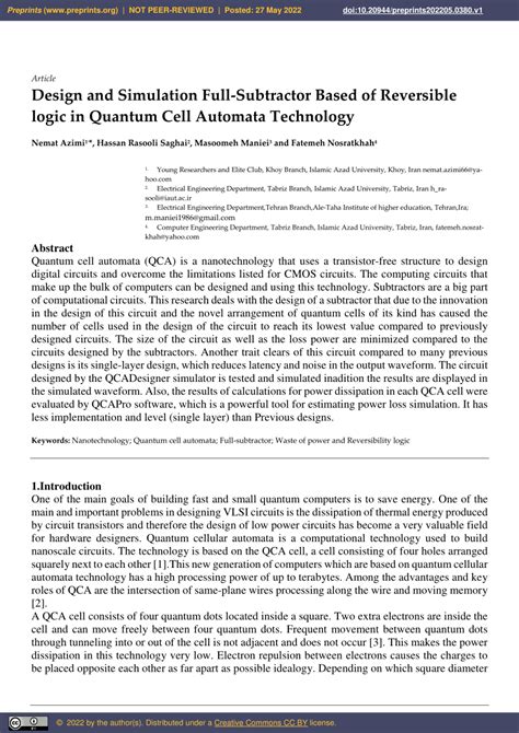 Pdf Design And Simulation Full Subtractor Based Of Reversible Logic In Quantum Cell Automata