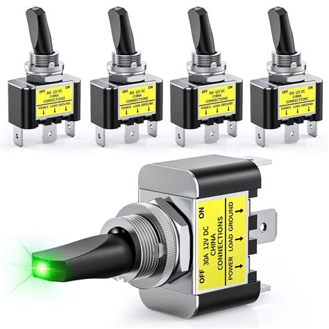 Nilight 5pcs Led Toggle Switch On Off 12v 30a Green Led Lighted Metal