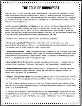 The Code Of Hammurabi Reading Passage With Comprehension And Essay Questions