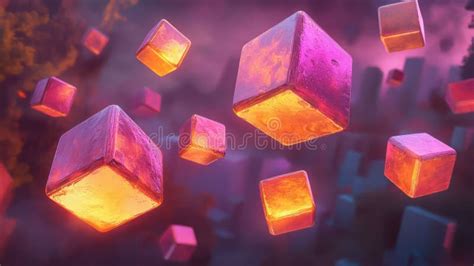 Floating Cubes With Glowing Edges In A Vibrant Surreal Environment Stock Illustration