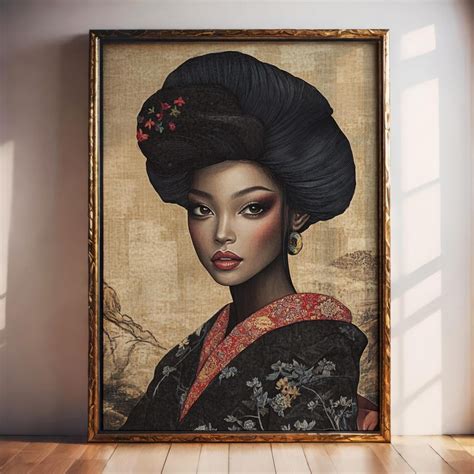 Afro Geisha Art Print Black Woman Wearing Japanese Kimono Portrait