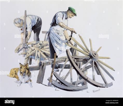 Wheelwrights Or Wainwrights Making Large Wooden Wheels In A Traditional