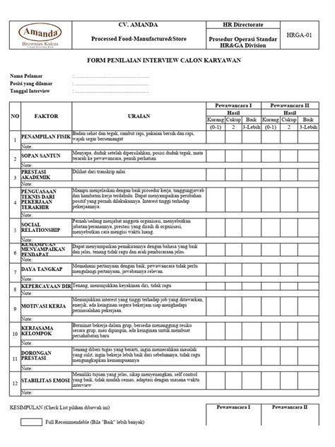 Form Penilaian Interview Calon Karyawan Pdf