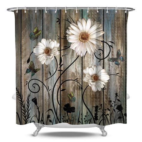 Rustic Shower Curtain Set Grey Floral Fabric Bath Curtain Butterfly