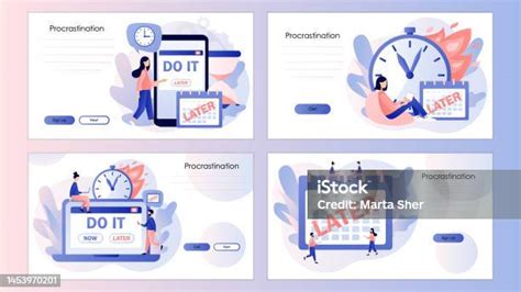 지연 개념입니다 나중에 하세요 일하는 대신 미루는 작은 사람들 방문 페이지 템플릿 Ui 웹 모바일 앱 포스터 배너 전단지에 대한 화면 템플릿입니다 벡터 그림 시간 낭비에