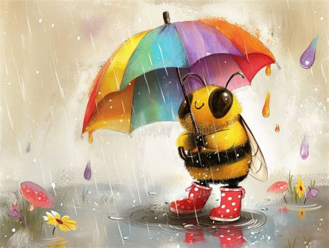 Bumblebee In Colorful Spring Rain Shower Stock Illustration