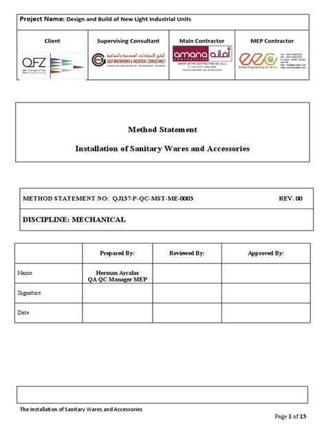 Method Statement Installation Of Sanitary Wares And Accessories Pdf