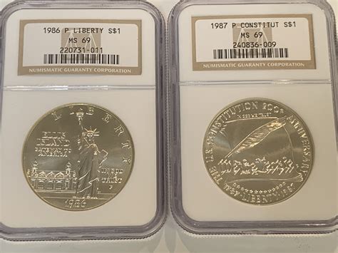 2 Us Silver 90 Modern Commemoratives Graded Ms69 1986 And 1987
