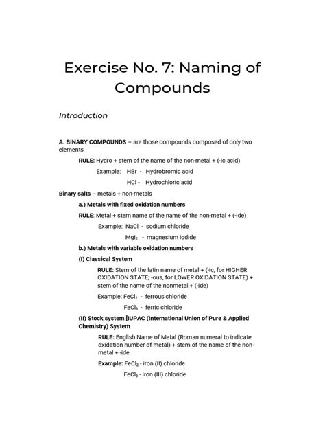 Experiment No 7 Naming Of Compounds Pdf Chemical Compounds Nitrogen