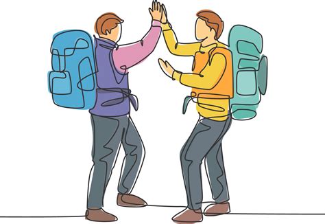 One Line Drawing Of Two Young Happy Tourist Carrying Backpack To Go To
