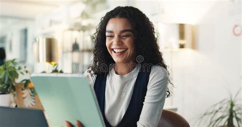 Happy Woman Web Designer Or Tablet With Project For Research Ui Or Ux Development At Office