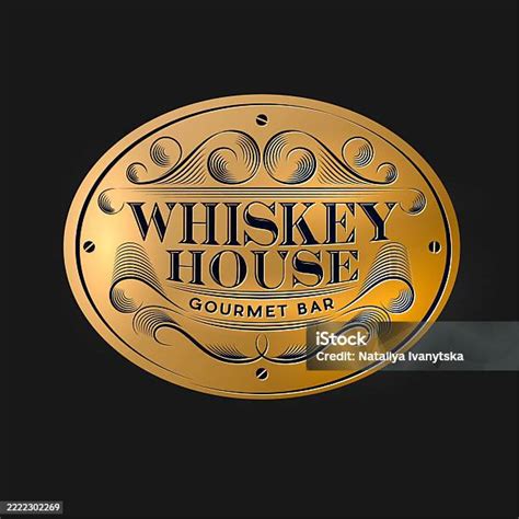 위스키 하우스 표지판 및 표지판 서예 소용돌이와 고전적인 글자가 있는 황금색 타원형 빈티지 간판 0명에 대한 스톡 벡터 아트 및 기타 이미지 Istock