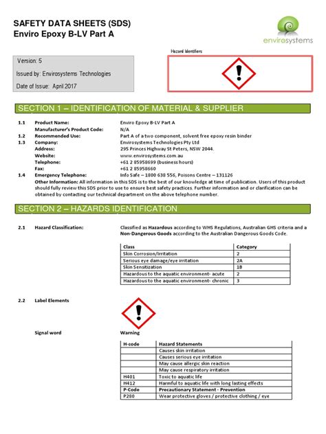 Enviro Epoxy B Lv Part A Sds Apr 2017 V5 Download Free Pdf Dangerous Goods Toxicity