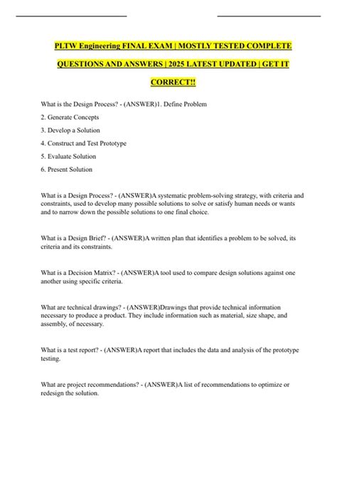 Pltw Engineering Final Exam Mostly Tested Complete Questions And Answers 2025 Latest Updated