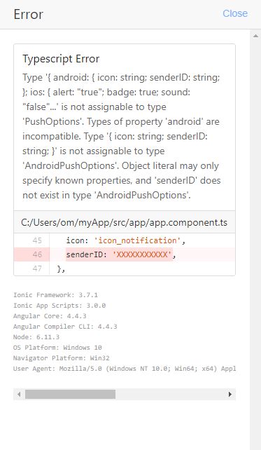 AndroidPushOptions Object Literal May Only Specify Known Properties