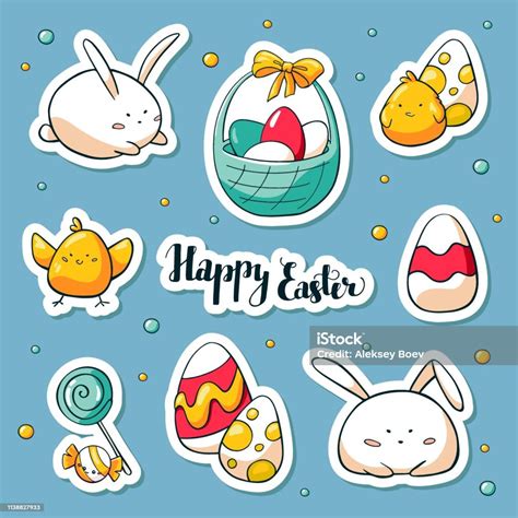 봄 부활절 스티커 Doole 스타일에 설정 합니다 벡터 Habd 그려진 된 그림입니다 행복 한 부활절 기호의 컬렉션입니다 0명에