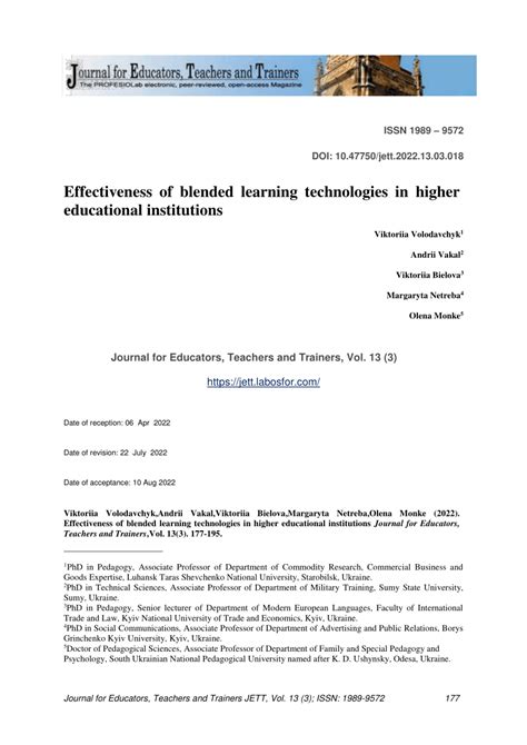 Pdf Effectiveness Of Blended Learning Technologies In Higher Educational Institutions