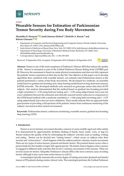 Pdf Wearable Sensors For Estimation Of Parkinsonian Tremor Severity During Free Body Movements