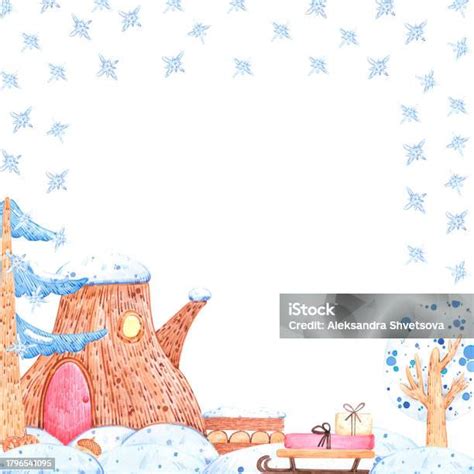 손으로 그린 수채화 겨울 그루터기 집 눈둑 프레임 테두리 흰색 배경에 고립된 요정 그림입니다 라벨 엽서 앨범 및 기타 인쇄물에
