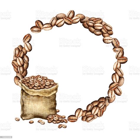 커피 원두가 있는 커피 테마의 수채화 화환과 커피 원두가 있는 전체 거니 자루 커피 테마가 있는 둥근 프레임 흰색 배경에 분리된 갈색 아라비카의 손으로 그린 그림 가득 찬에