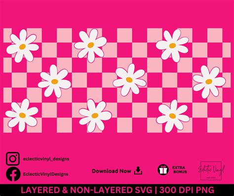 Checkered Daisies Libbey Cup Wrap Svg Png 16oz Glass Can Pink Daisy