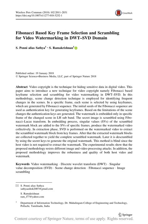 Fibonacci Based Key Frame Selection And Scrambling For Video Watermarking In Dwt Svd Domain