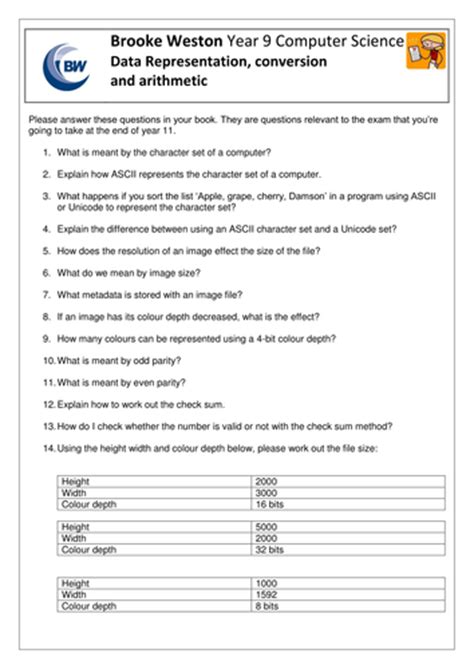 Ocr Computer Science 1 9 Image Representation Worksheet Teaching Resources