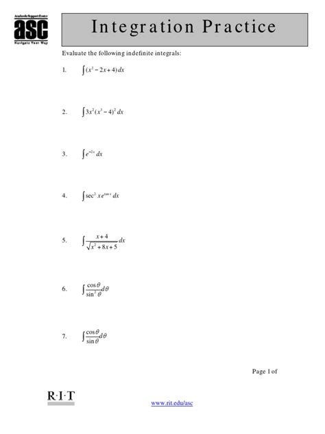 Integration Practice Evaluate The Following Indefinite Integrals 1 2 4 Pdf Teaching