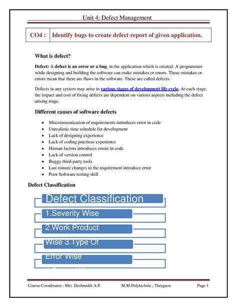 Unit 4 Defect Management Course Coordinator Mrs Deshmukh A M M Thergaon Page 1 Defect