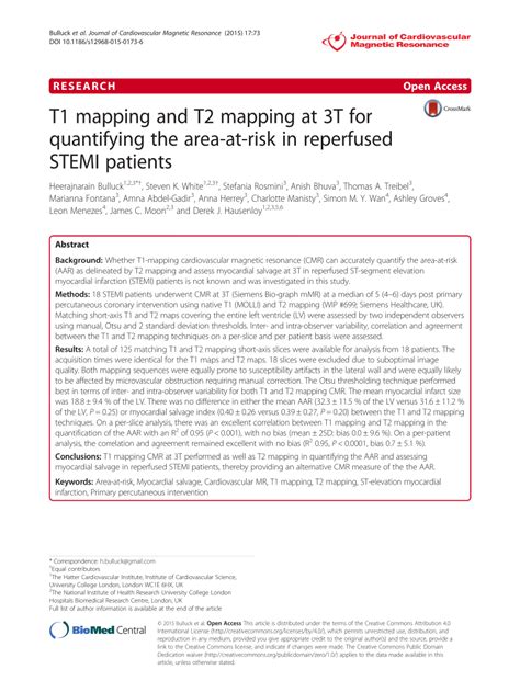 Pdf T1 Mapping And T2 Mapping At 3t For Quantifying The Area At Risk In Reperfused Stemi Patients