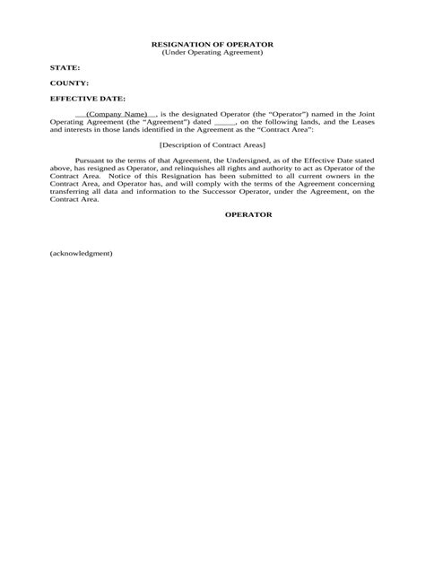 Resignation Of Operator Under Operating Agreement Fill Out And Sign