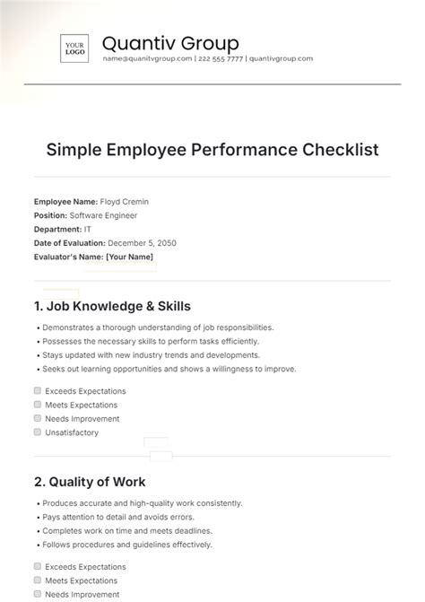 Free Performance Checklist Templates Editable And Printable