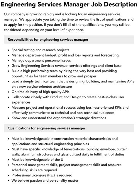 Engineering Services Manager Job Description Velvet Jobs