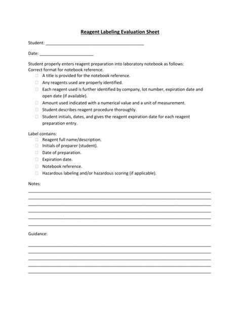 Reagent Labeling Evaluation Sheet