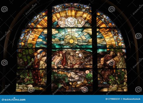 Stained Glass Window With The Sun Shining Through Illuminating Mosaic