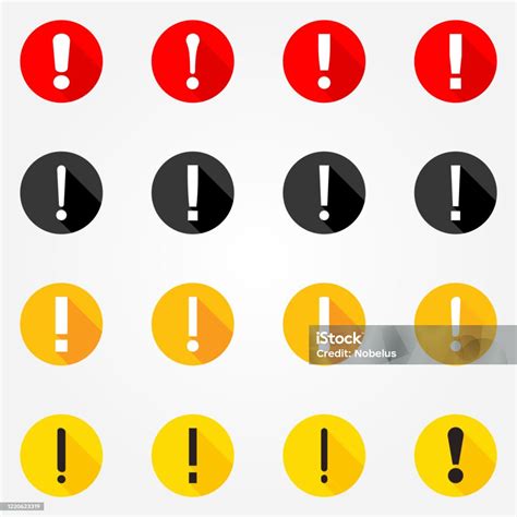 주의 주의 기호 아이콘 세트입니다 느낌표 위험 경고 기호입니다 플랫 디자인 버튼 경고 스탬프 오류 경고 아이콘입니다 위험 프롬프트 문제 기호입니다 정보를 조심하십시오 중요