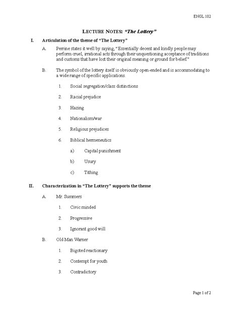 Lecture Notes The Lottery Engl 102 Lecture Notes “the Lottery” I Articulation Of The Theme