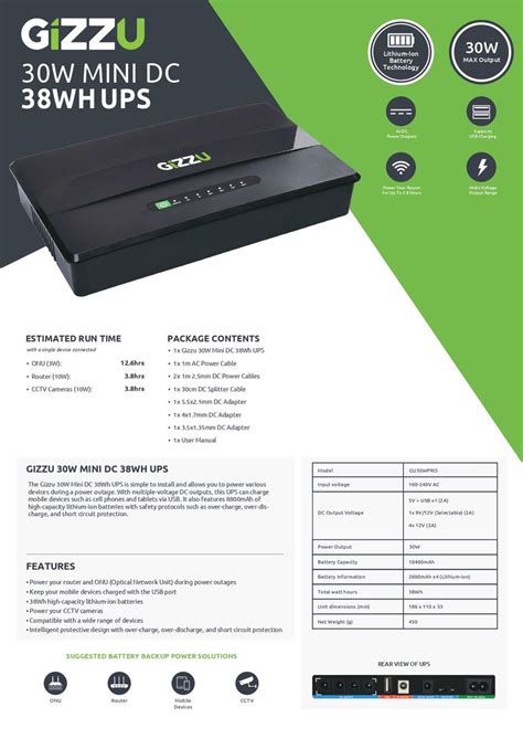 Gizzu 30w Mini Dc 38wh Ups For Wi Fi Fiber And Mobile Devices Tech E Z